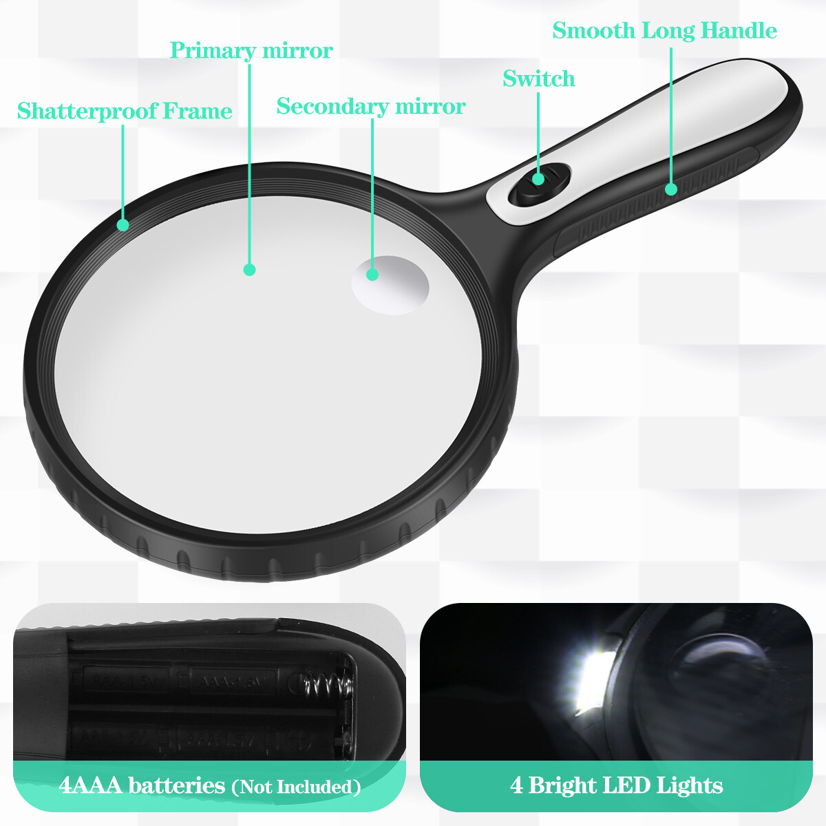 Handheld Magnifying Glass 4 LED Light 5X 15X High Powe Illuminated ...