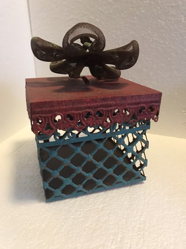 distressed open weave metal box with Metal Flower On lid 6.5 x 6.5 x 5. ...