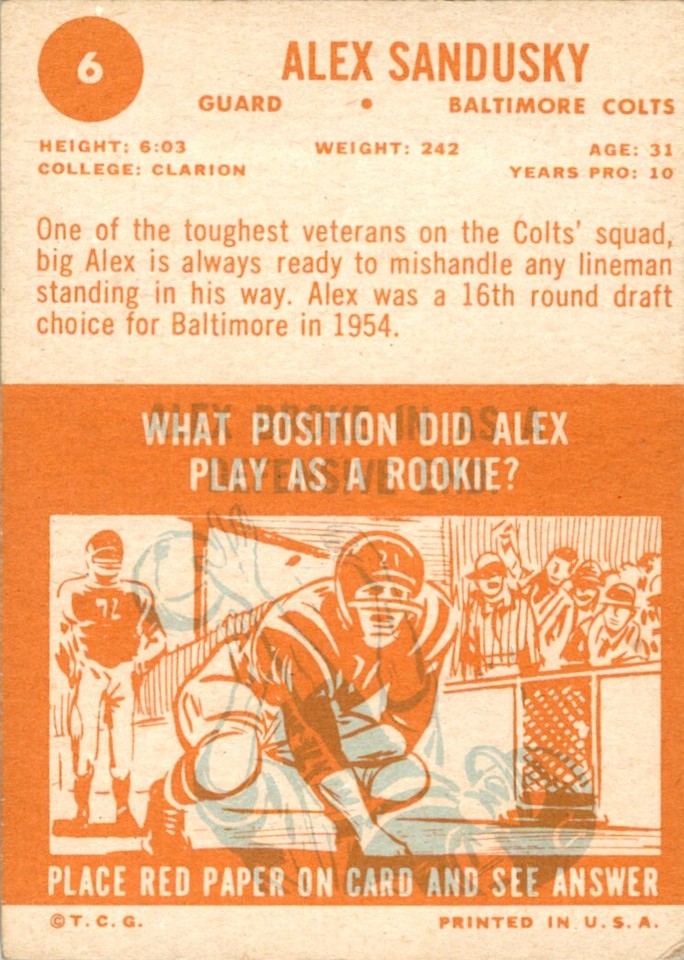 1963 Topps Alex Sandusky Baltimore Colts #6 | eBay