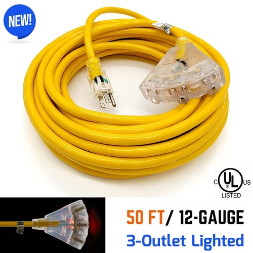 Indoor/Outdoor Extension Cord 50ft Heavy Duty Triple Plug-Outlet Yellow 12-Gauge | eBay