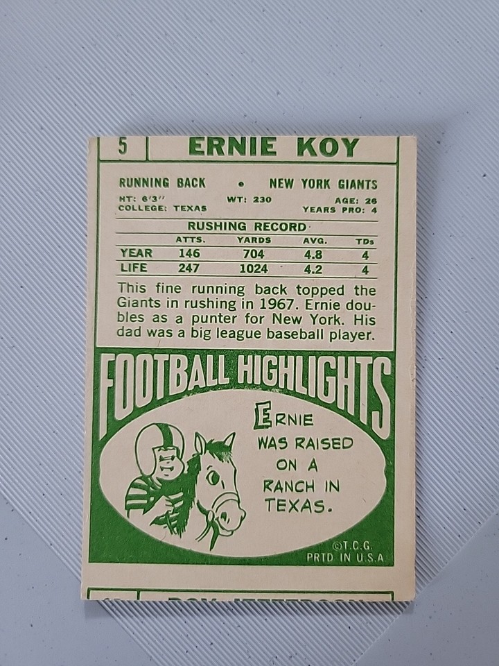 1968 Ernie Koy Topps NFL Football ROOKIE Card New York Giants #5 C6 | eBay