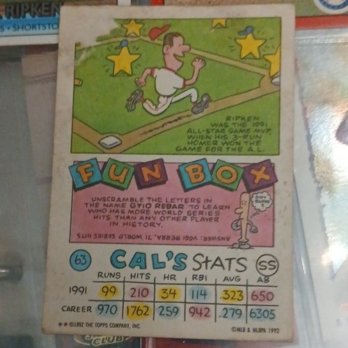 Topps 1992 Kids Cal Ripken #63 Baltimore Orioles Baseball MLB Card | eBay