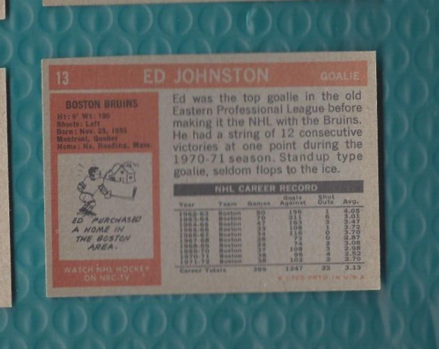 1972 Topps hockey card #13 Ed Johnston Boston Bruins EXMT | eBay