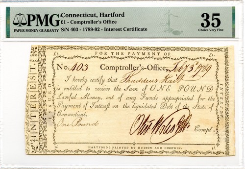 Connecticut Colonial Interest Certificate 1789 1 Pound PMG VF-35 | eBay