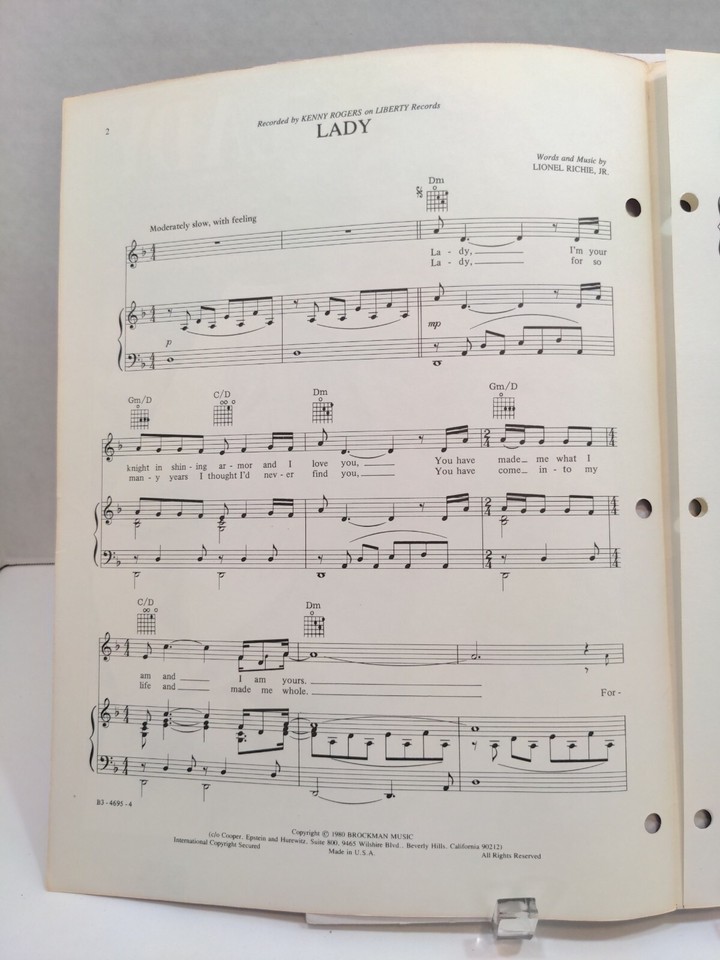 Lady Sheet Music Kenny Rogers Piano Voice Guitar 80s Country POP F3Z | eBay