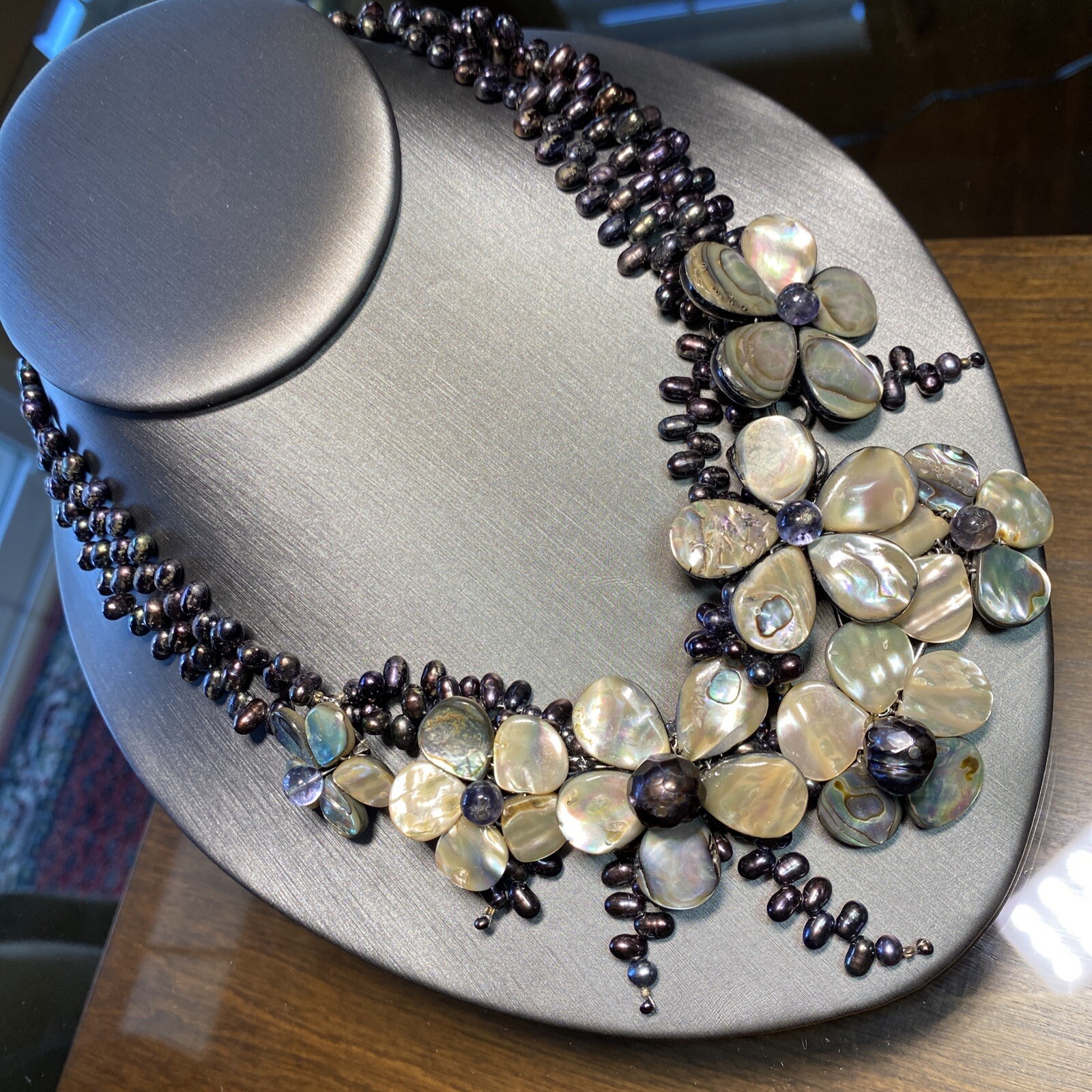 Siman Tu NYC Y2K Vintage Black Mother Of Pearl Abalone Flower Fringe Necklace 18 | eBay