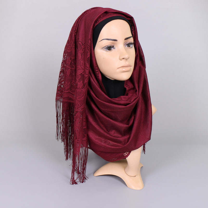 Women Lace Floral Tassel Shawls Muslim Islamic Ladies Hijab Headscarf ...
