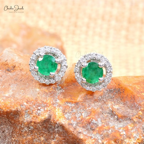 4mm Round Emerald 14k White Gold Diamond Halo Pushback Stud Earrings ...