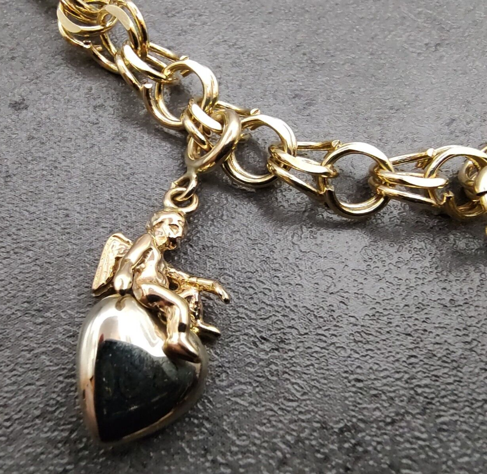 Estate CPT Peru 14K Yellow Gold Double Link Charm Bracelet & 3 Charms 8 ...