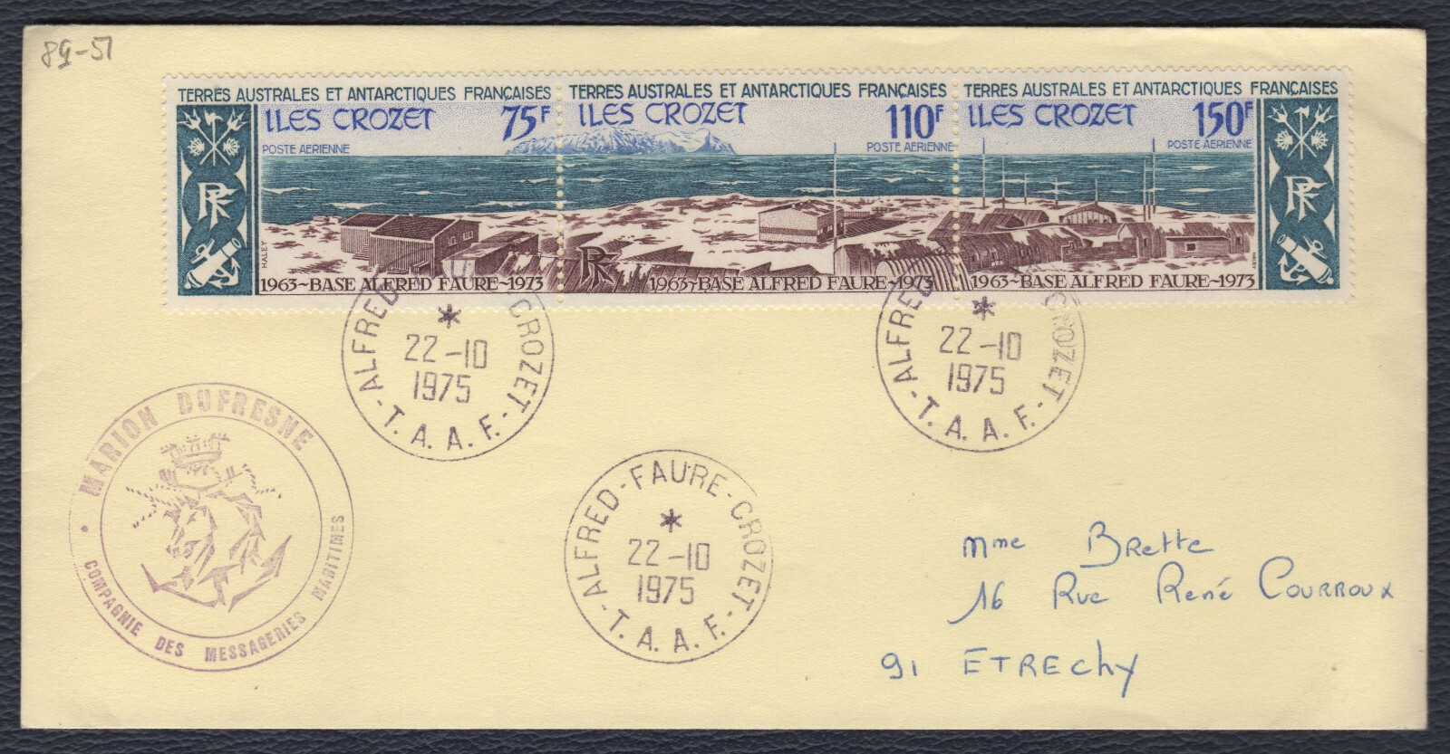 TAAF FSAT 1975, Alfred Faure Station, Cover, Yv PA36A, Mi 89/91, Sc ...