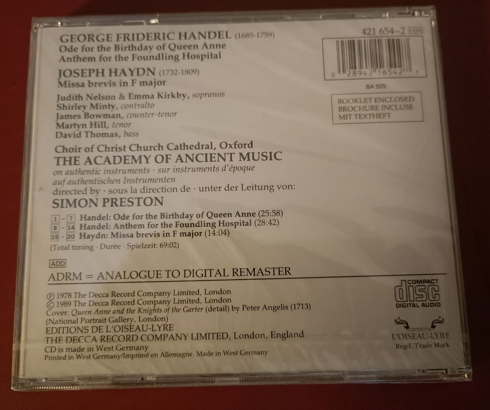 Handel: Birthday Ode & Foundling Hospital Anthem - New CD, 1989 / L ...