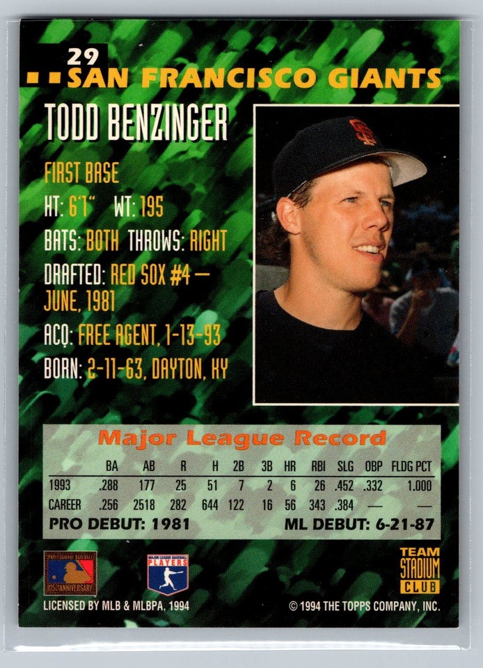 1994 Stadium Club Team Baseball #29 Todd Benzinger San Francisco Giants ...