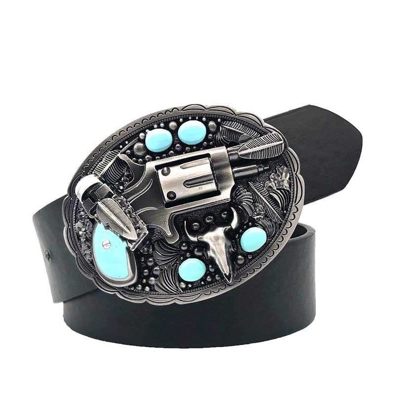 Pistol Revolver Gun Belt Buckle Feathers Turquoise Indian American ...