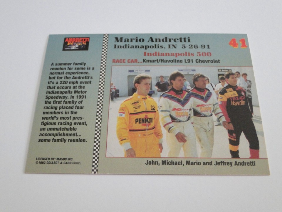 1992 Collect-A-Card Andretti Racing Mario Andretti/A.J. Foyt Cars Card ...