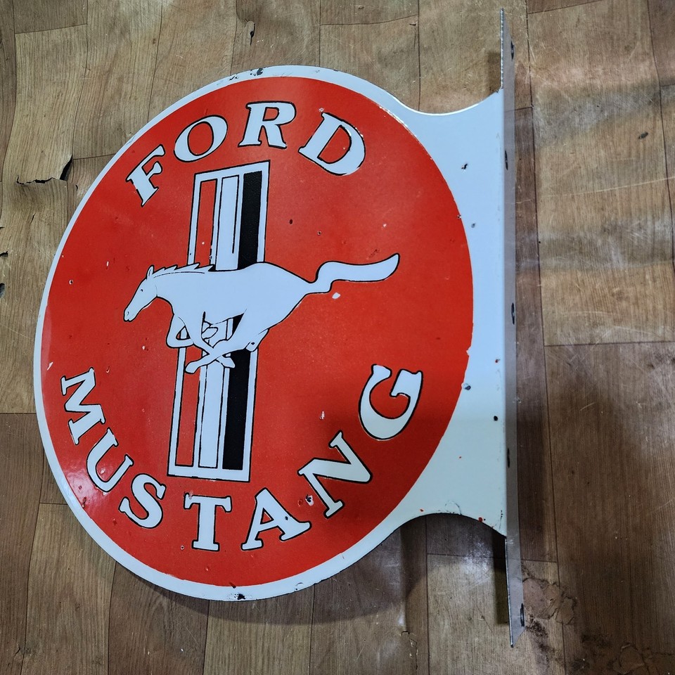 FORD MUSTANG FLANGE 2-SIDED PORCELAIN ENAMEL SIGN 17.5 X 17 INCHES ...