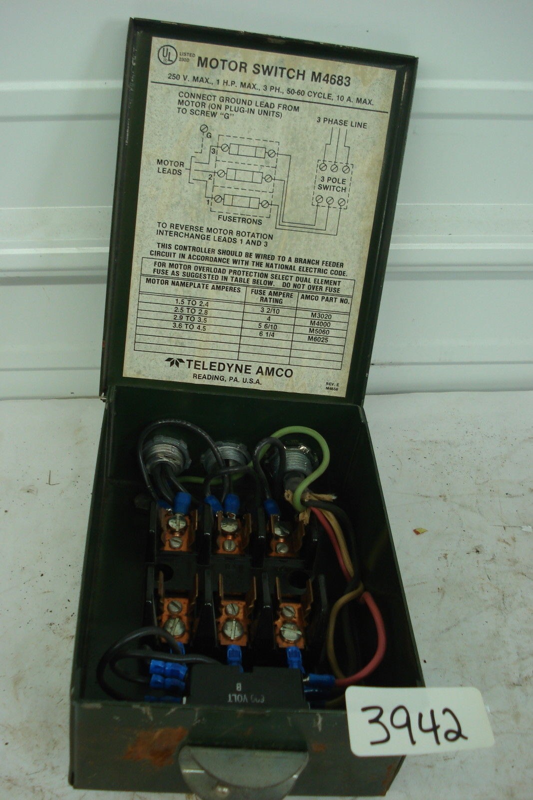 Teledyne Amco 1 Hp Motor Drive Switch Box M4683 250 V, 10 Amp,3 Ph,50 ...