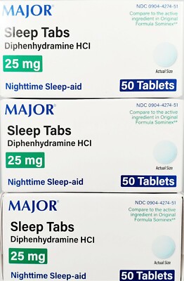 Major Sleep Tabs Nighttime Sleep Aid- 50 Tablets - 3 Pack -Exp Date 09 ...
