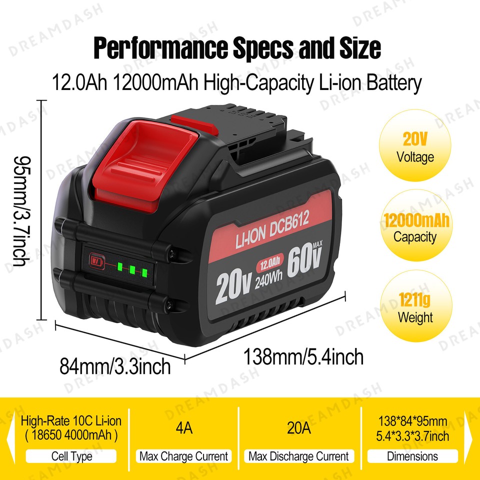 2/1Pack 12.0Ah 9.0Ah for DeWalt 20V/60V MAX Battery Lithium-ion DCB609 ...