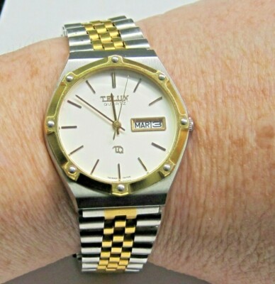 VINTAGE GENTS TELUX DAY-DATE QUARTZ TWO-TONE WRIST WATCH | eBay