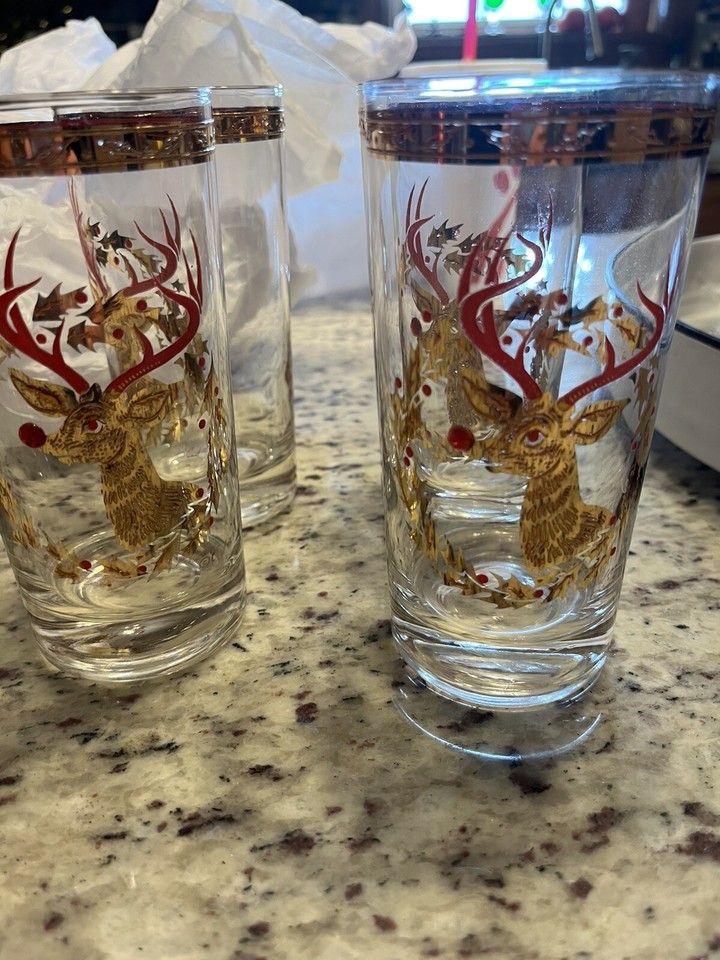 8 Rare Culver RUDOLPH REINDEER hiball With Gol jeweled jewel EXCELLENT ...