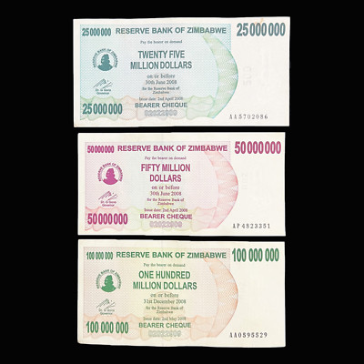 Zimbabwe 25, 50, 100 Million Dollar Bearer Cheque Bill Banknote Money ...