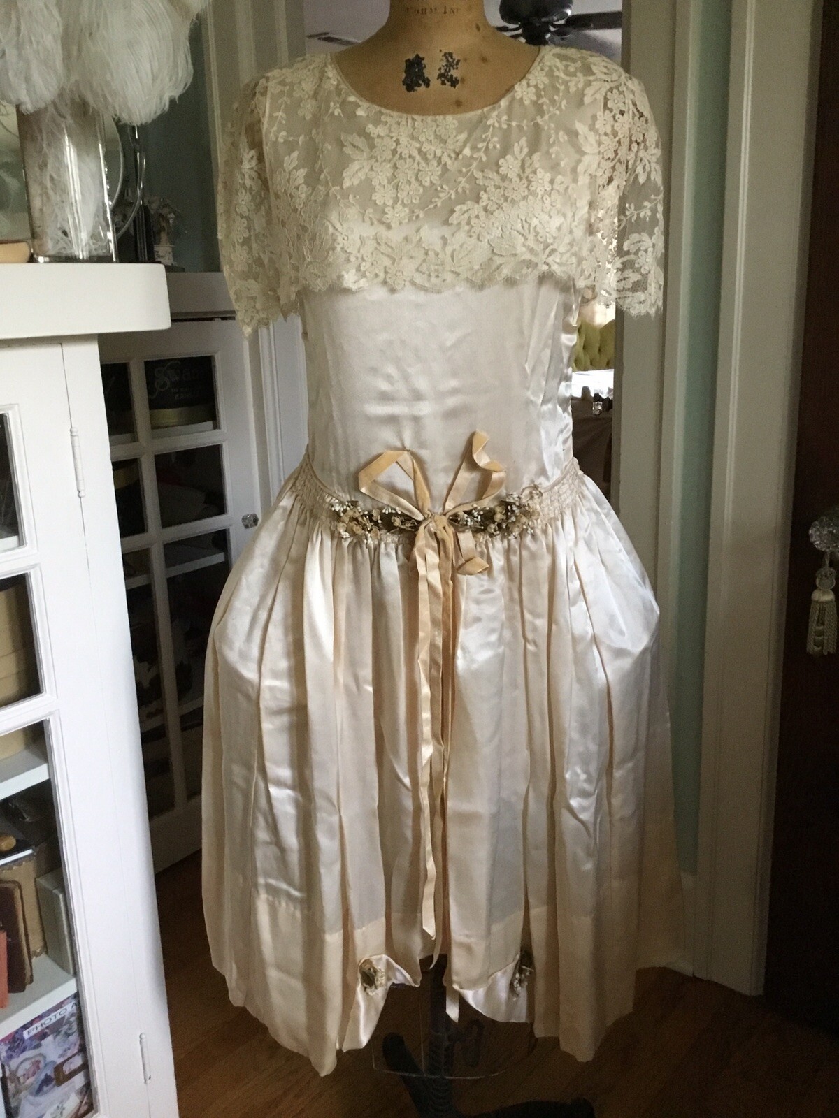 Vintage Antique 1920’s Flapper Wedding Dress PANNIERS Wax Flowers ...