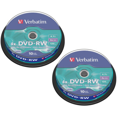 20pc Verbatim DVD-RW 4.7GB 4x Rewritable Blank Disc Data Storage w ...