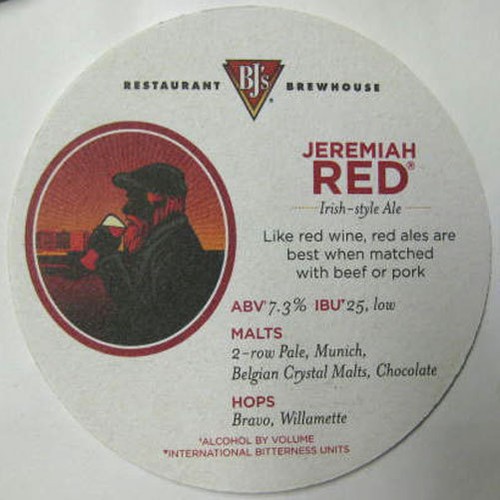 BJ's BREWHOUSE JEREMIAH RED IRISH ALE Beer COASTER, Mat ,Brea ...