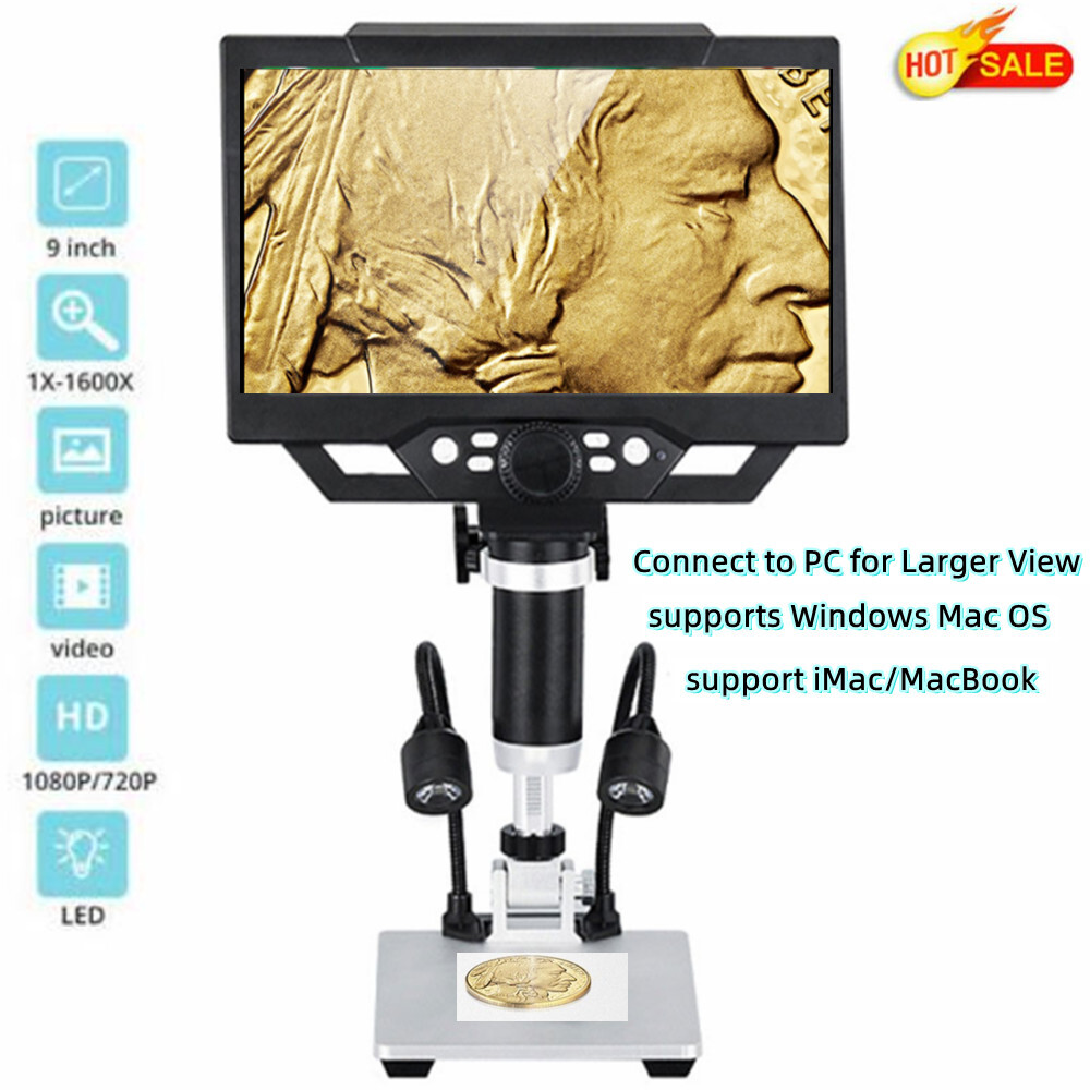 9'' Digital Microscope 1600X Magnification 1080p Video Camera Coin ...