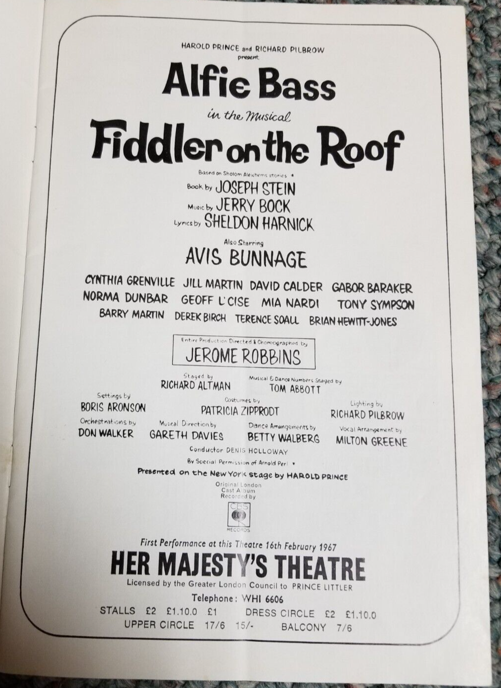 "FIDDLER ON THE ROOF" Alfie Bass 1969 London Cast Program HER MAJESTY'S ...