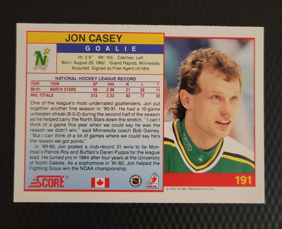 1991-92 Score Canadian JON CASEY Minnesota North Stars Hockey NHL Card ...