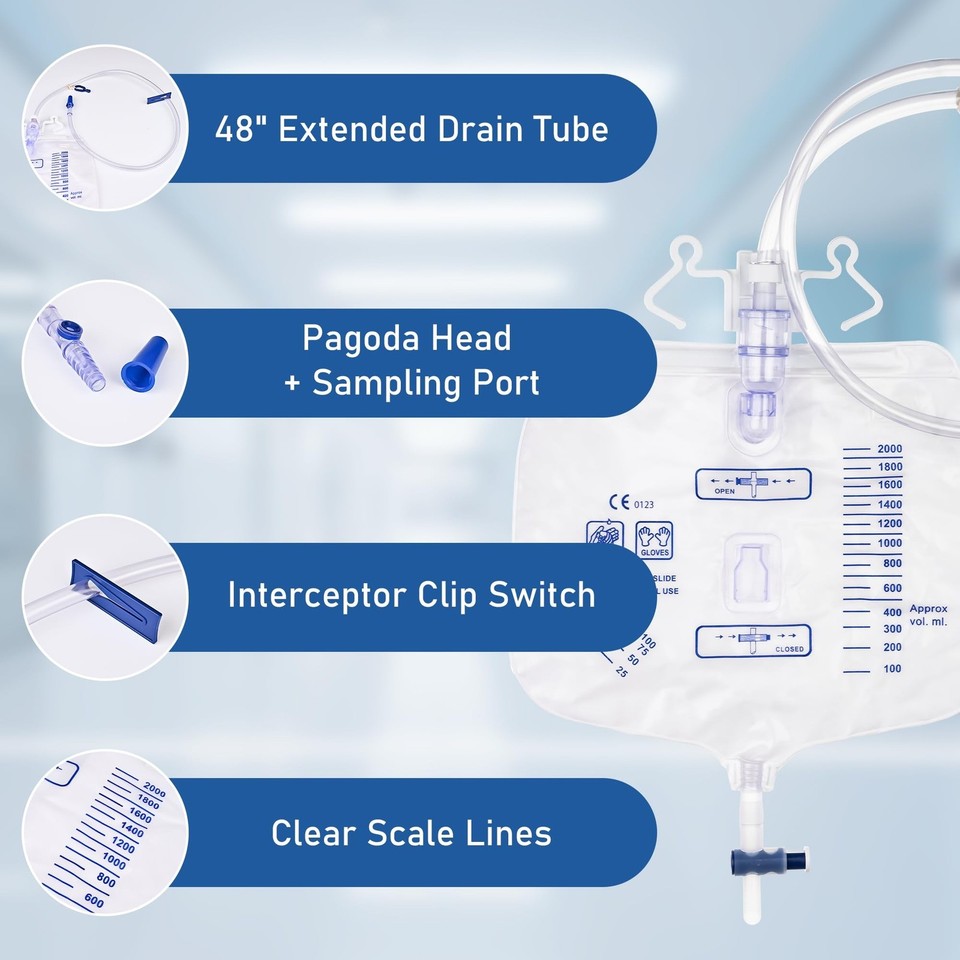 2000mL Sterile Urinary Drainage Bag, 2 Pack Overnight Catheter Bags ...