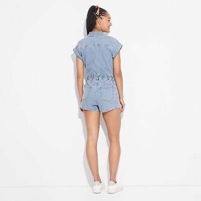 Women's Game Day Short Sleeve Denim Romper - Wild Fable Medium Wash M ...