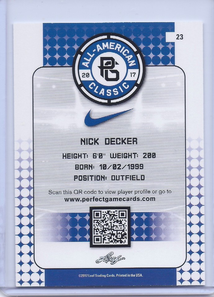 NICK DECKER 2017 "1ST EVER PRINTED" LEAF PERFECT GAME ALL-AMERICAN ...