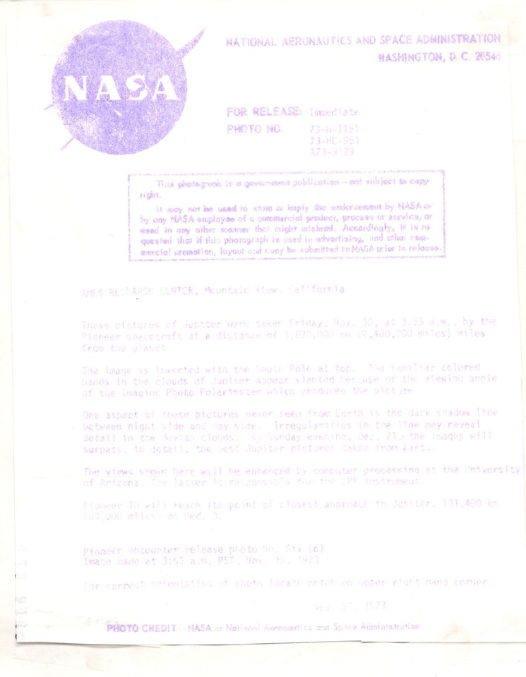 Pioneer 10 Jupiter Images NASA 1973 Space - Original NASA Photo | eBay