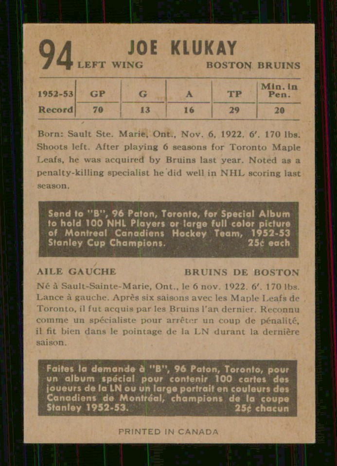 1953-54 PARKHURST # 94 JOE KLUKAY 15026 | eBay