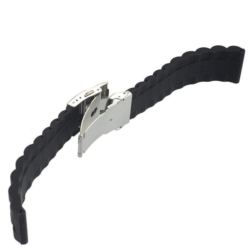 Black Silicone Rubber Watch Strap Deployment Buckle Waterproof 20mm ...