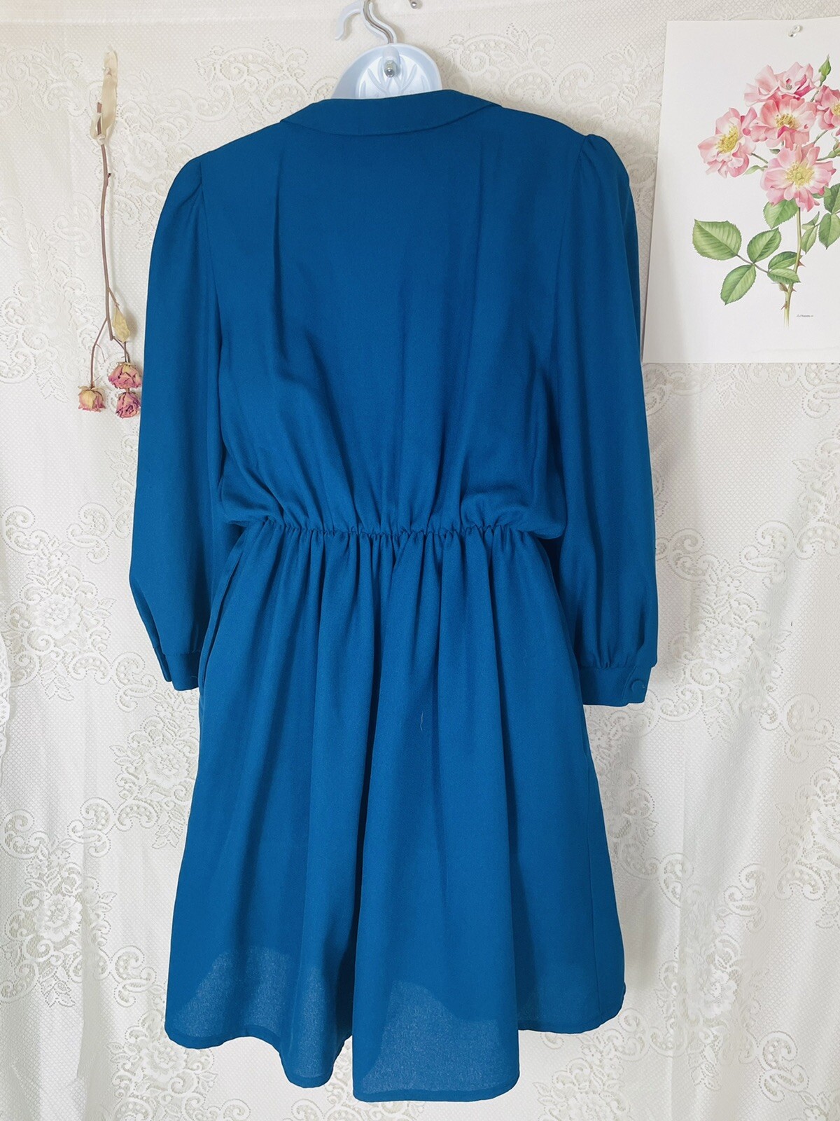 vtg Teal Blue Secretary Dress SABINO sz 14 Peter Pan Collar Modest 80s ...