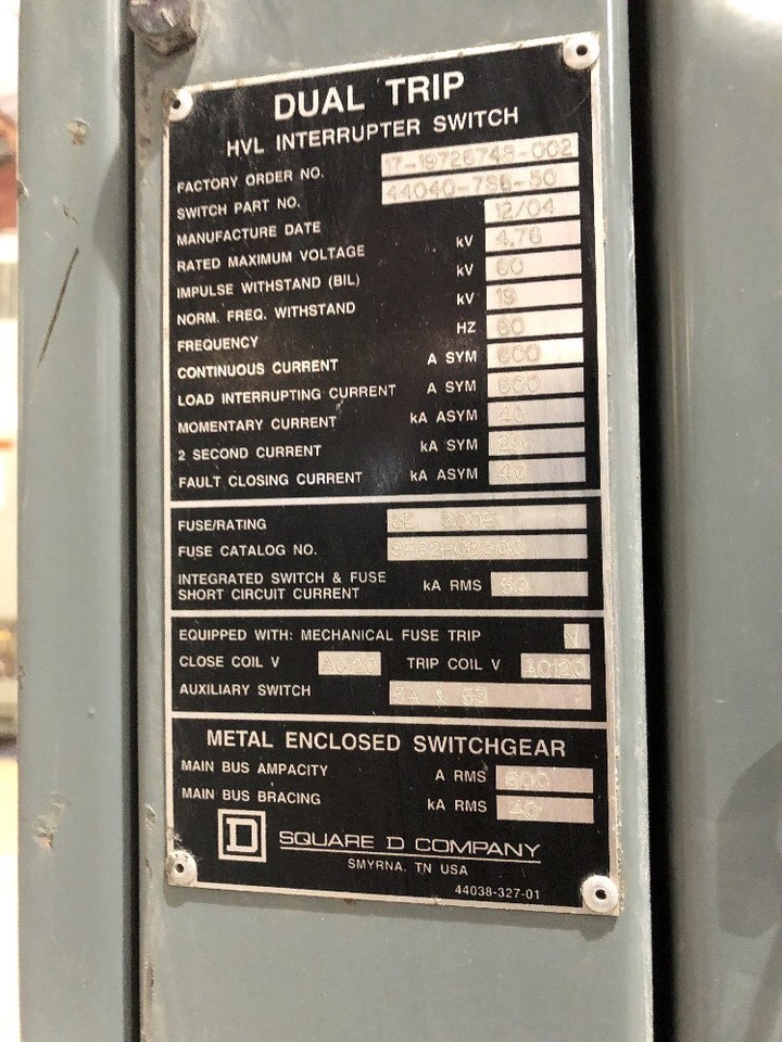 Square D HVL Load Interrupter Switch 600 Amp 4.76 Kv Fusible Type 1 ...