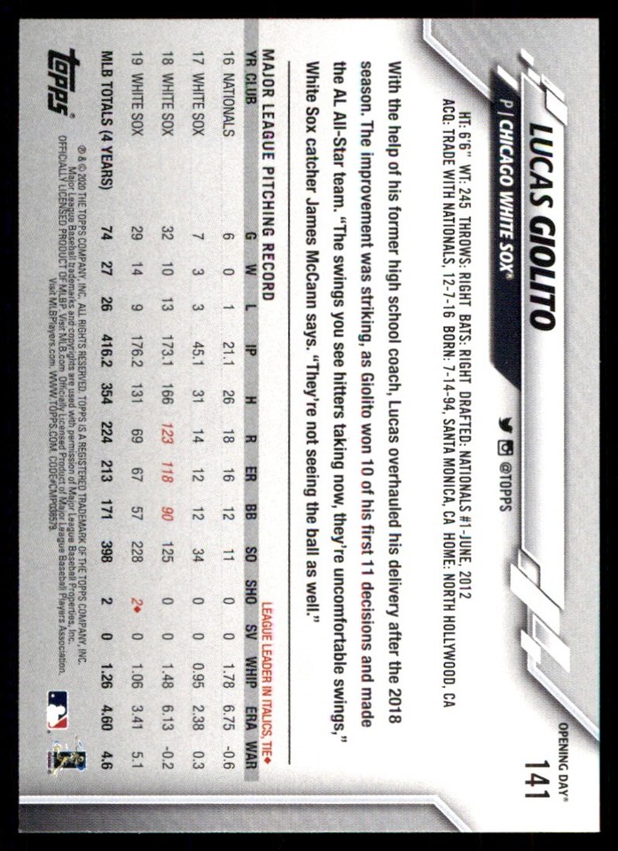 Lucas Giolito 2020 Topps Opening Day #141 Chicago White Sox MLB READ ...