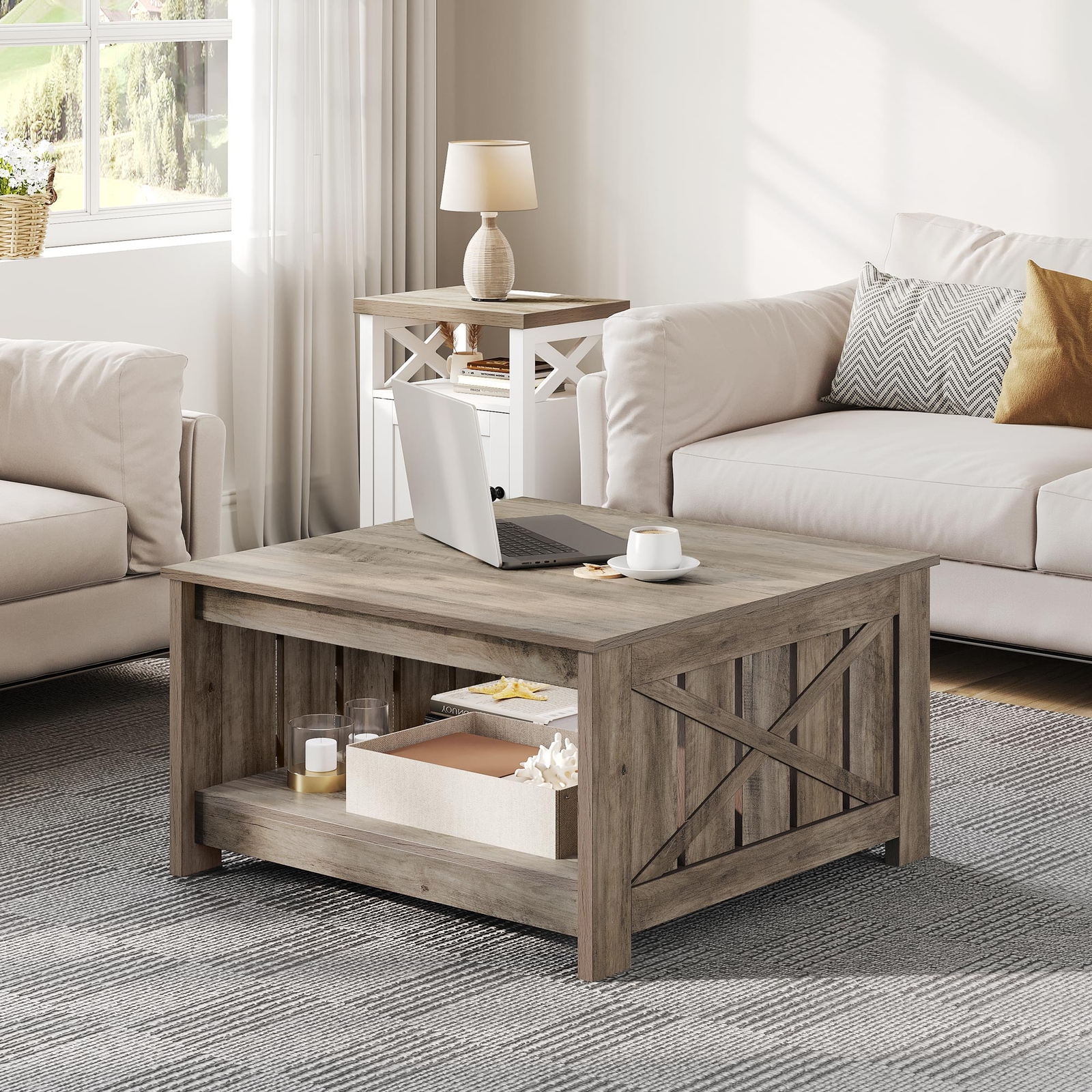 Square Coffee Table with 2-Tier Storage Farmhouse Cocktail Table for ...