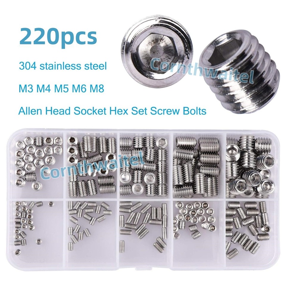 220pcs Stainless Steel Allen Head Socket Hex Set Grub Screw Assortment ...