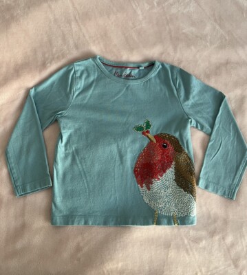 Mini Boden Festive Holiday Christmas Shirt Superstitch Robin Bird Girls ...