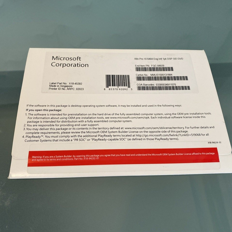 Windows Win 10 pro 64 bit installation DVD with Genuine License Product ...