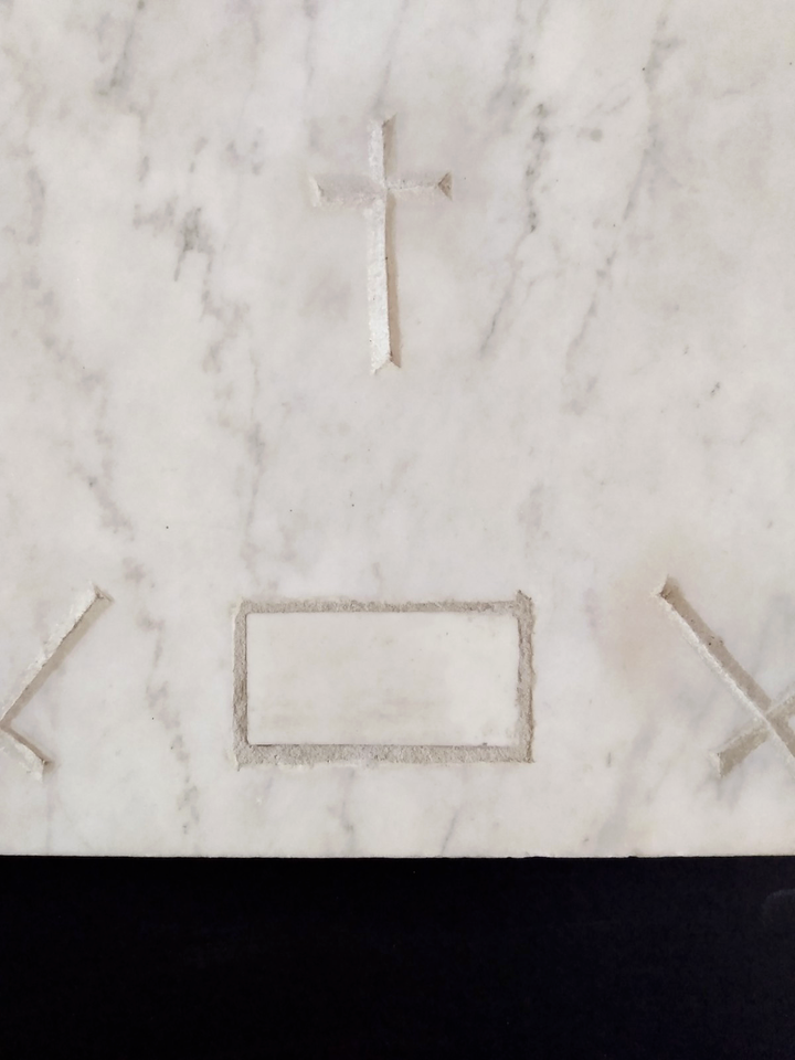 Vtg marble Catholic Altar Stone, relic(s) inside, five beveled crosses ...