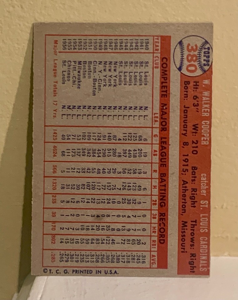 1957 Topps #380 Walker Cooper St. Louis Cardinals | eBay
