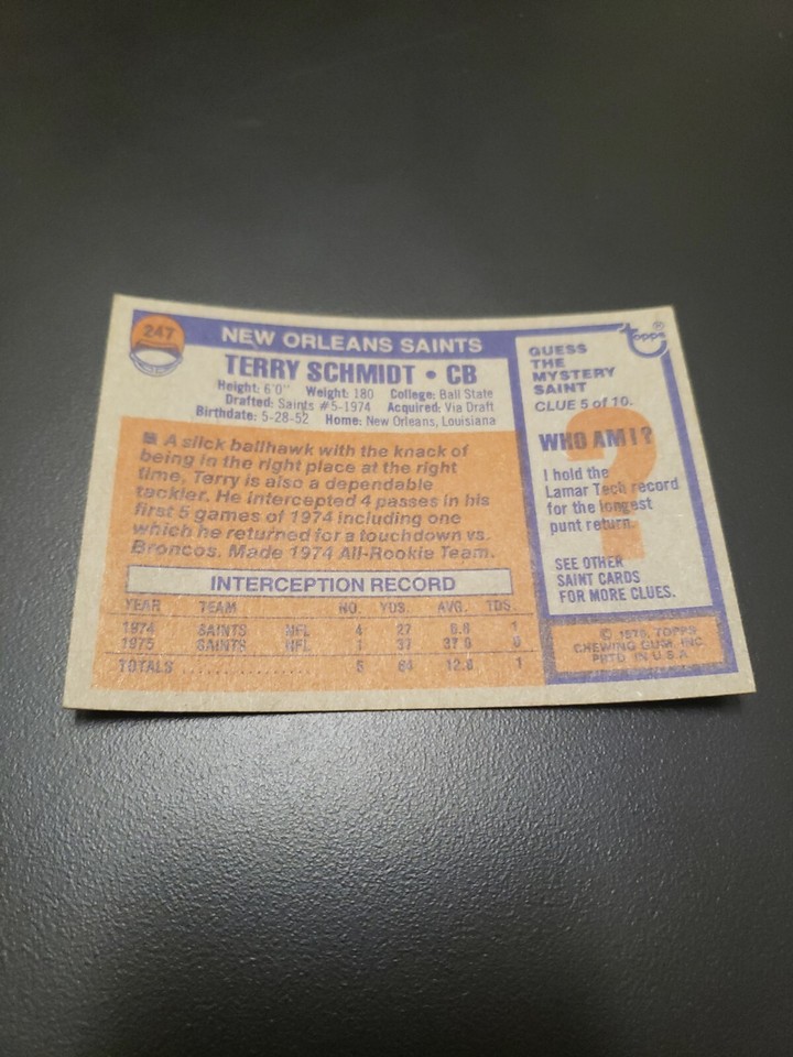 1976 Topps Football Terry Schmidt New Orleans Saints Card #247 | eBay