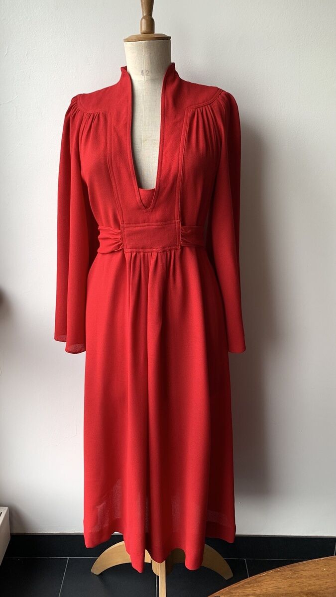 Vintage Ossie Clark For Radley Moss Red Crepe Belted Bell Vintage Ossie Clark For Radley Moss Red Crepe Belted Bell