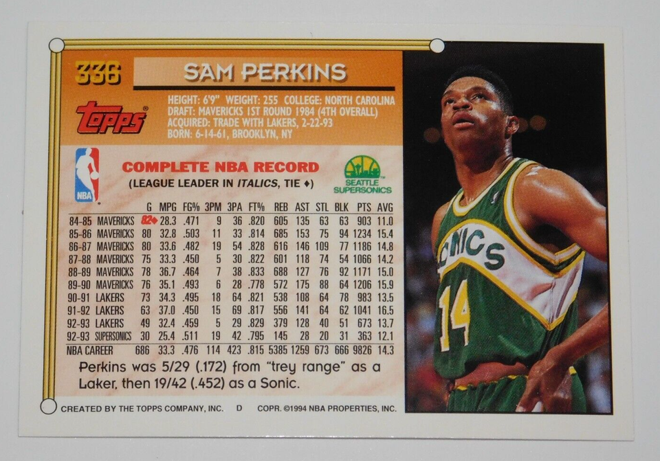 1993-94 Topps Seattle Supersonics Basketball Card #336 Sam Perkins | eBay