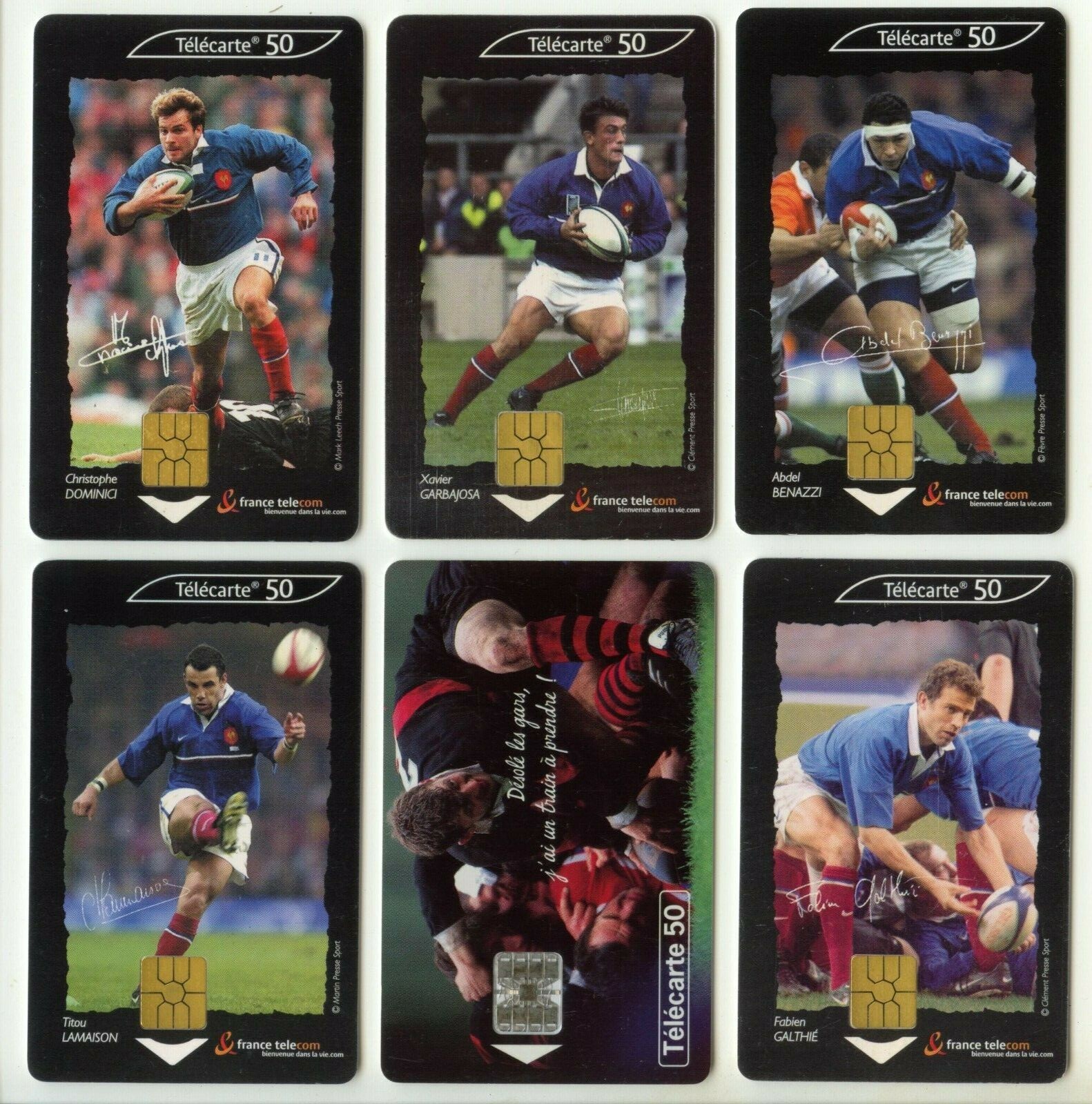 6 PHONE CARD SET / TELECARTE .. FRANCE PACK SPORT RUGBY TEAM CHELEM ...
